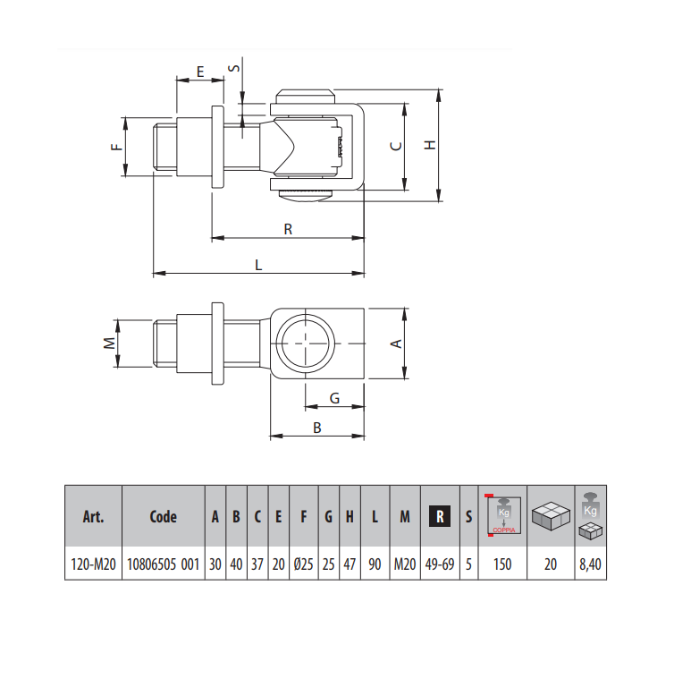 Eņģe 120-M20, cinkota COMUNELLO, Veramiem vārtiem, Vārtu furnitūra ...